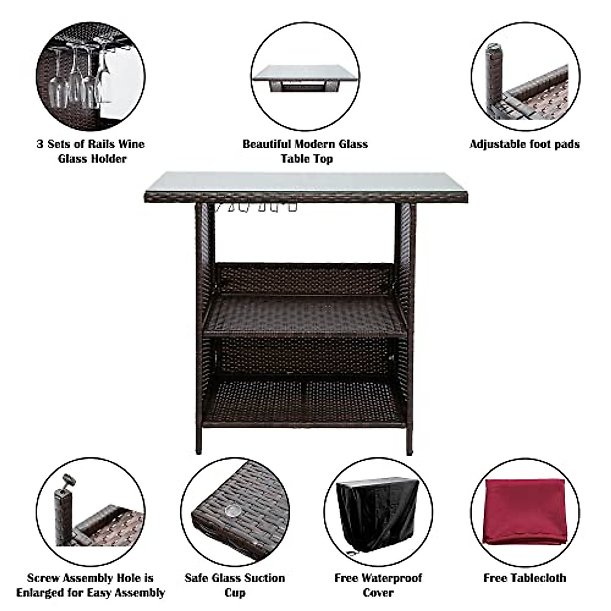 FOOWIN PE Wicker Bar Counter, 3 in 1 Glass Top Outdoor Patio Bar Table w/ 3 Steel Shelves, Rattan Bar Counter w/ 3 Sets of Rails, Gift Waterproof Cover and Dust Tablecloth for Garden Patio