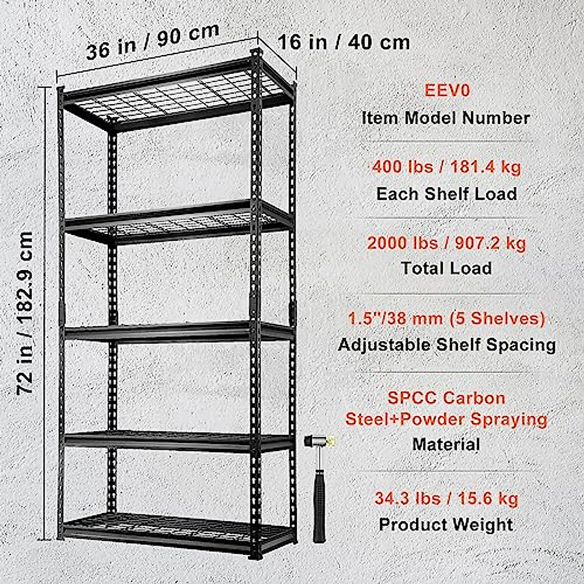 VEVOR Storage Shelving Unit, 5-Tier Adjustable, 2000 lbs Capacity, Heavy Duty Garage Shelves Metal Organizer Wire Rack, Black, 36" L x 16" W x 72" H for Kitchen Pantry Basement Bathroom Laundry Closet