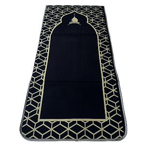 Back Support Prayer Mat Muslim Rug Islamic - Padded Prayer Rug Sajadah for Men Women for Eid Travel Ramadan, Masjid, Soft and Luxury (Black)