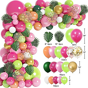146Pcs Tropical Balloons Garland Arch Kit, Hawaiian Luau Tropical Aloha Flamingo Party Decorations Hot Pink Fruit Green Rose Gold Confetti Balloons Palm Leaves Birthday Baby Shower Wedding Supplies