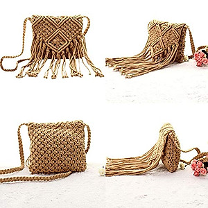 Monique Women Retro Fringed Cotton Crochet Cross-body Bag Small Messenger Bag Bohemian Summer Beach Tassel Shoulder Bag Purse Brown