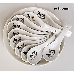 Set of 10 Asian Soup Spoons with Cat Pattern, 5.4 inch Ceramic Chinese Soup Spoons, Porcelain Spoons for Cereal Ramen Appetizers Desserts Wonton Dumpling, Deep Scoop Porcelain Spoons, Dishwasher Safe