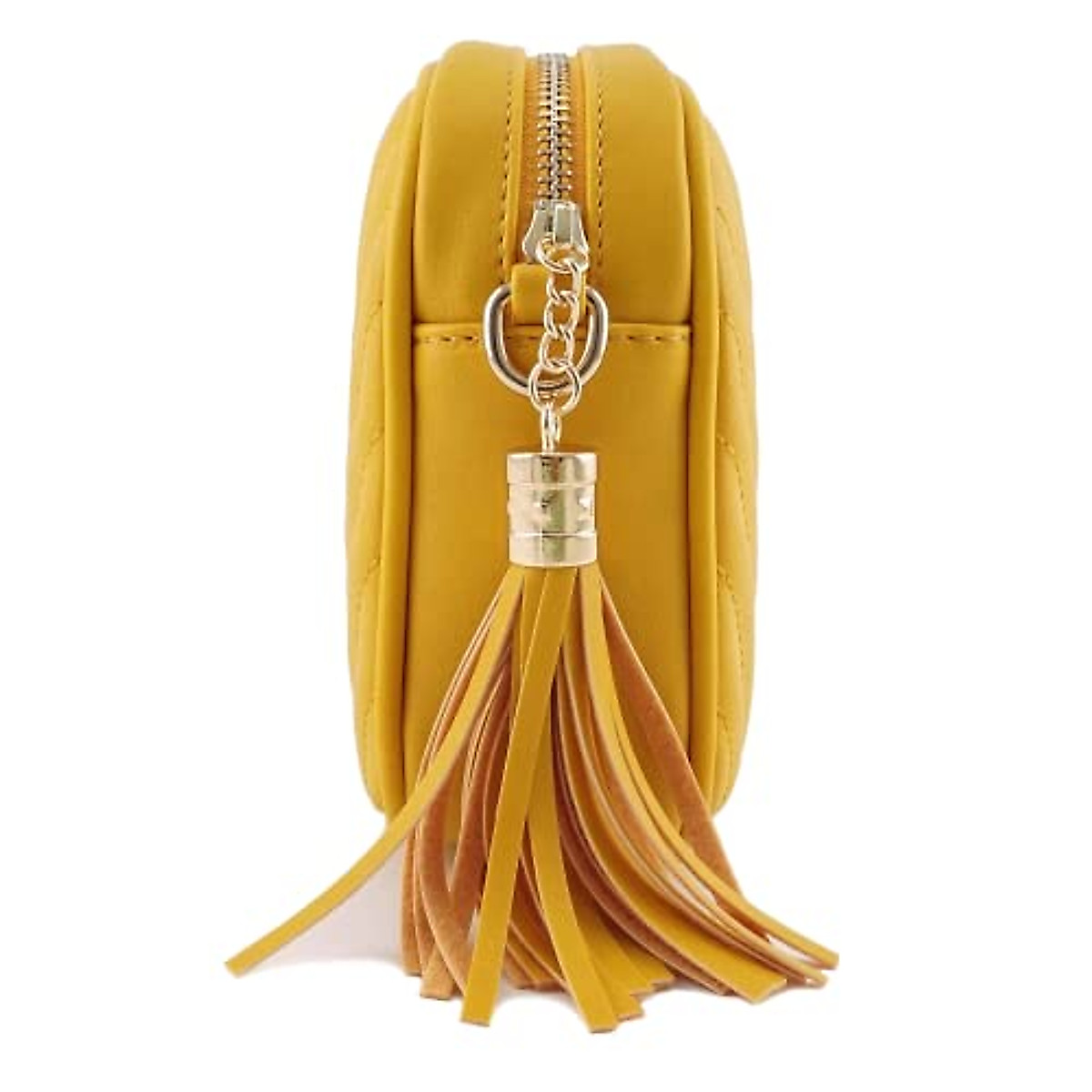 Simple Shoulder Crossbody Bag With Metal Chain Strap And Tassel Top Zipper (Mustard)