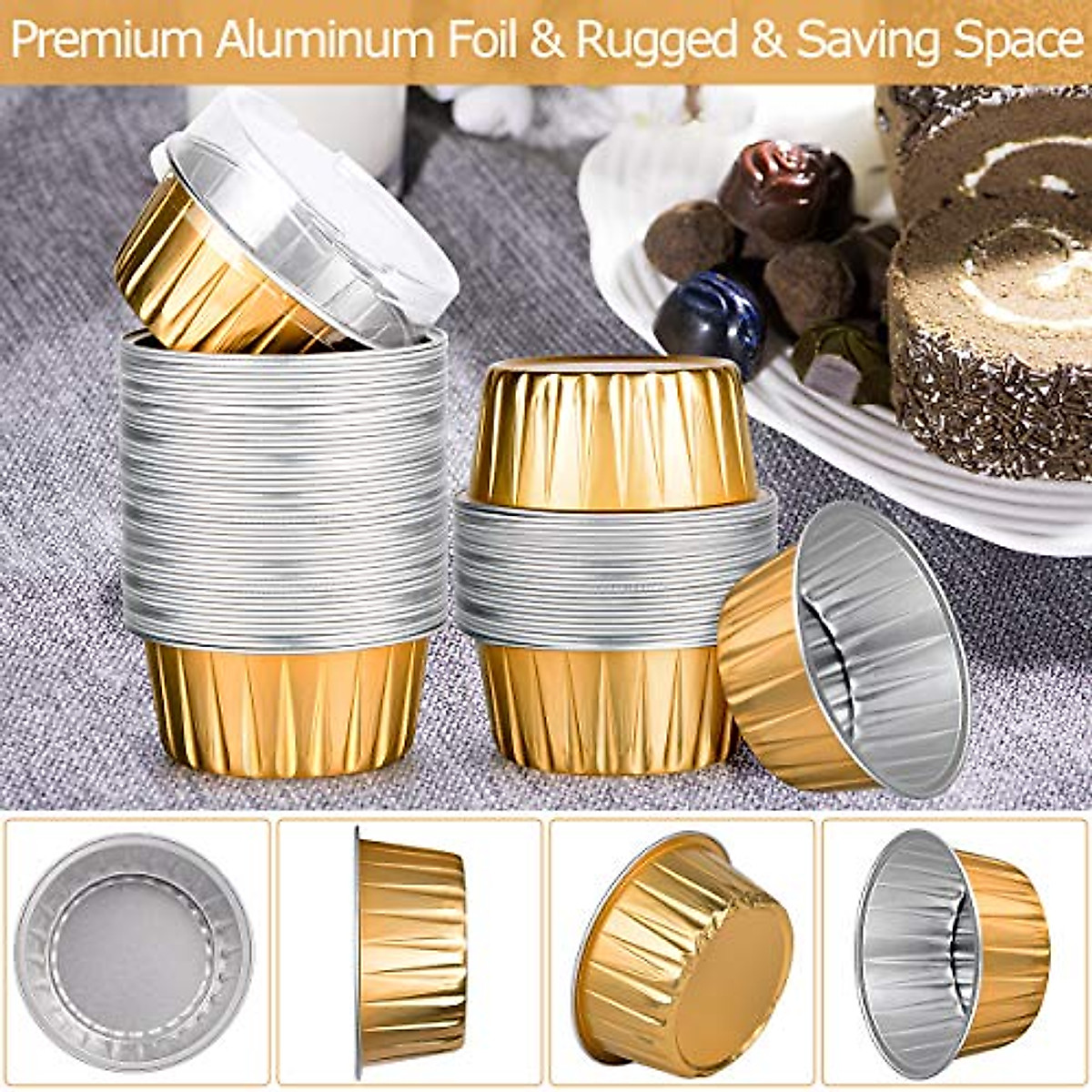 Dessert Containers with Lids,50-Pack Gold Aluminum Foil Baking Muffin Liners Cups Holders, Reusable Dessert Pudding Cups for Wedding,Christmas,Kitchen,Birthday Party,Various Parties