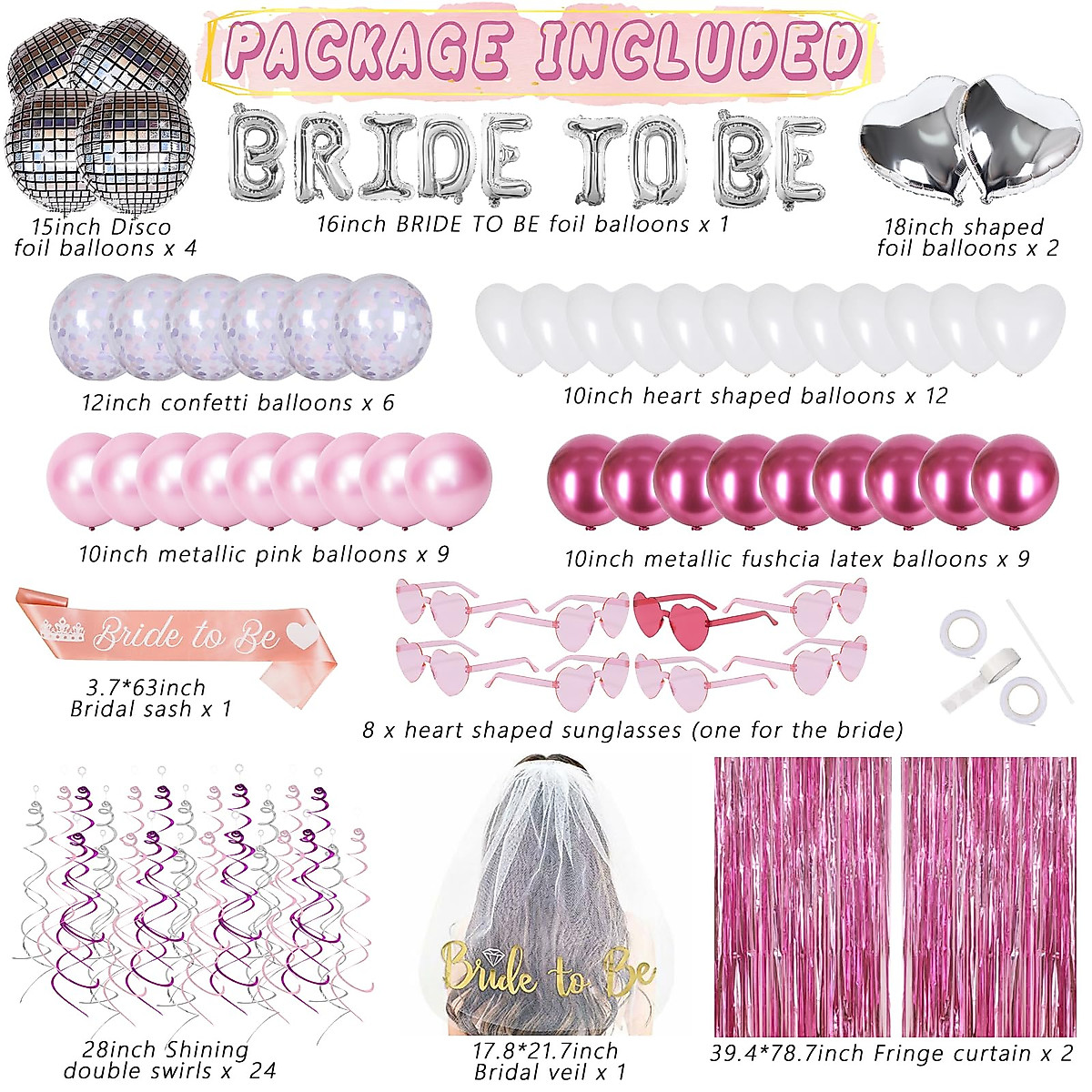jollylife Bachelorette Party Decorations - Bridal Shower Decor Include Sash Veil Foil Curtains Balloons Hanging Swirls Sunglasses for Bride To Be Party Supplies