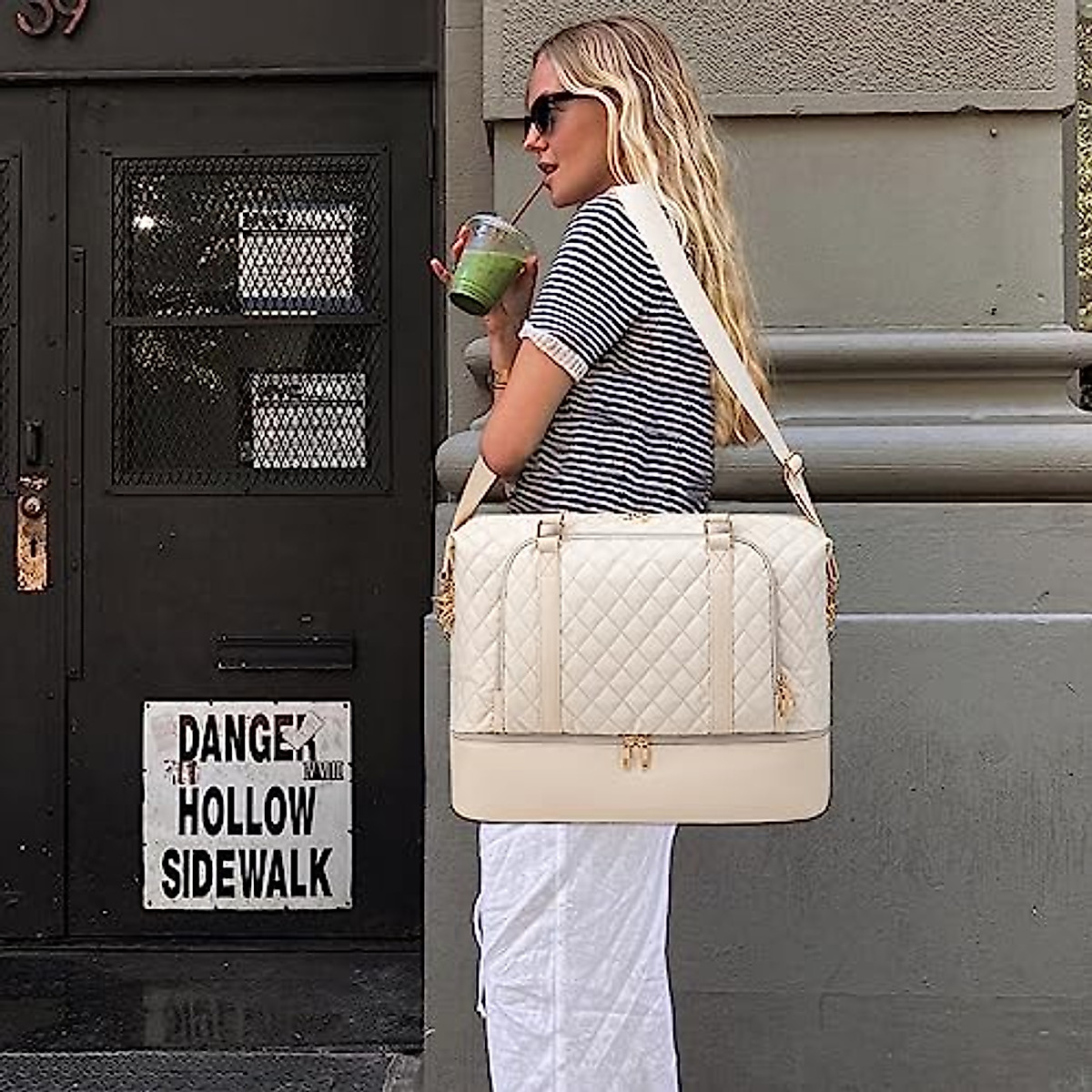 CAMTOP Women Ladies Travel Weekender Bag Overnight Duffel Carry-on Tote Bag with Luggage Sleeve fit 15.6 Inch Laptop Computer (Beige,Quilted)