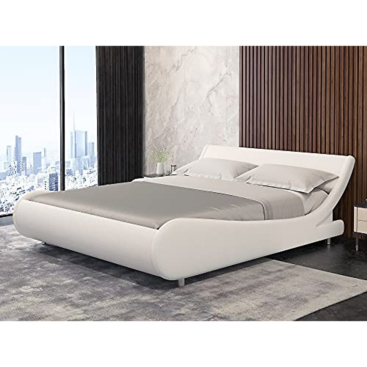 Modern King Upholstered Platform Bed Frame,Low Profile Bed Frames with Ergonomics Headboard, Faux Leather Bed/No Box Spring Needed/Easy Assembly,White