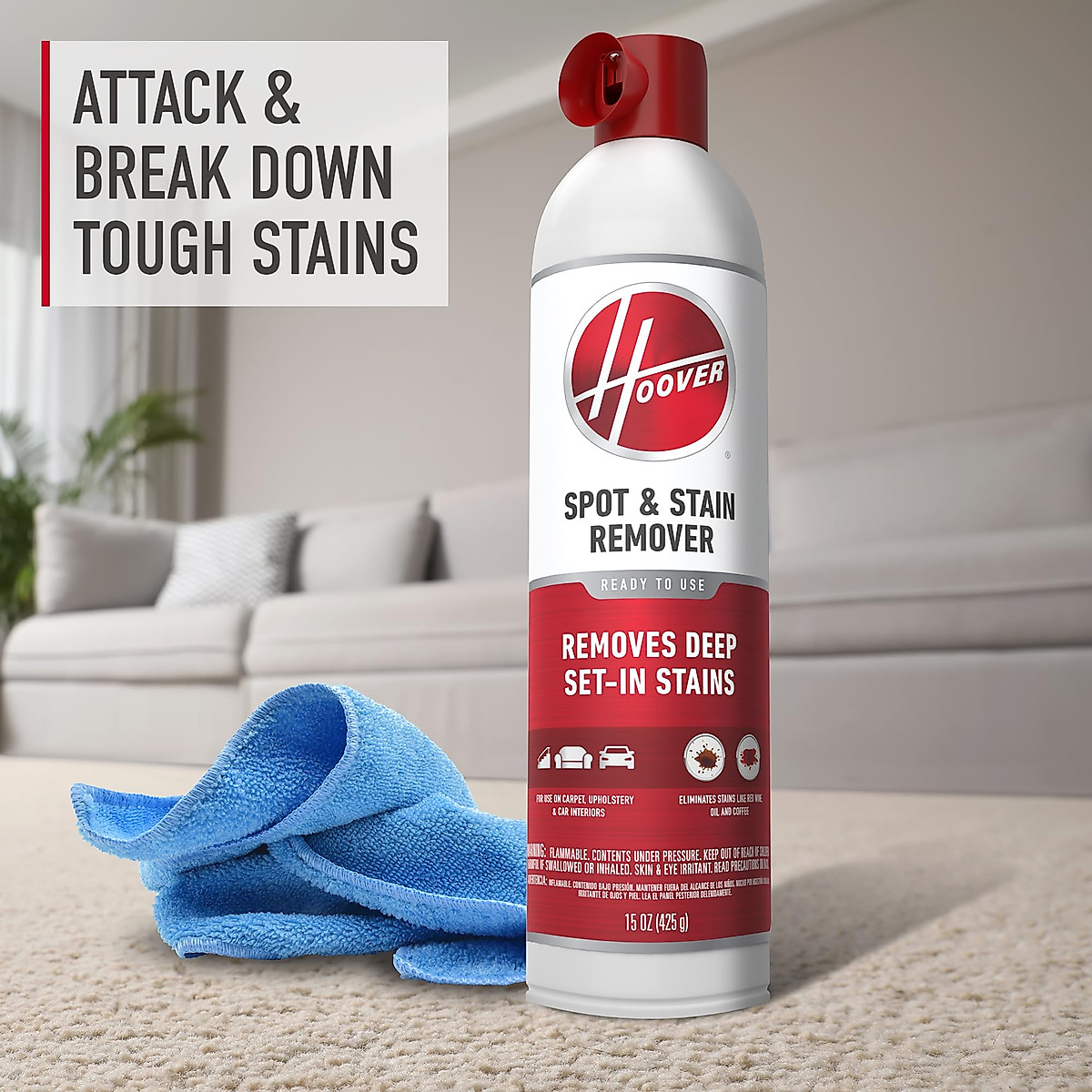 Hoover Deep Stain Remover Aerosol Spray, Carpet and Upholstery Spot Cleaner, 15 oz Cleaning Solution, AH30903, White