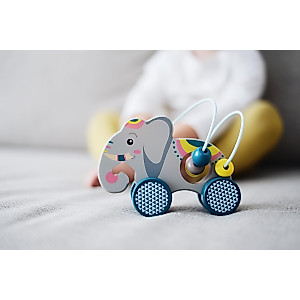 Small Foot Wooden Toys Push-Along Elephant with an Activity Loop & Beads Designed For Children 12+ Months