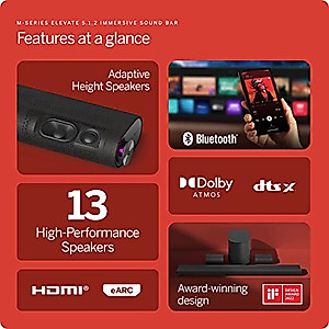 VIZIO M-Series Elevate 5.1.2 Immersive Sound Bar with 13 High-Performance Speakers, Dolby Atmos, DTS:X, Wireless Subwoofer, Adaptive Height Speakers and Alexa Compatibility, M512E-K6, 2023 Model