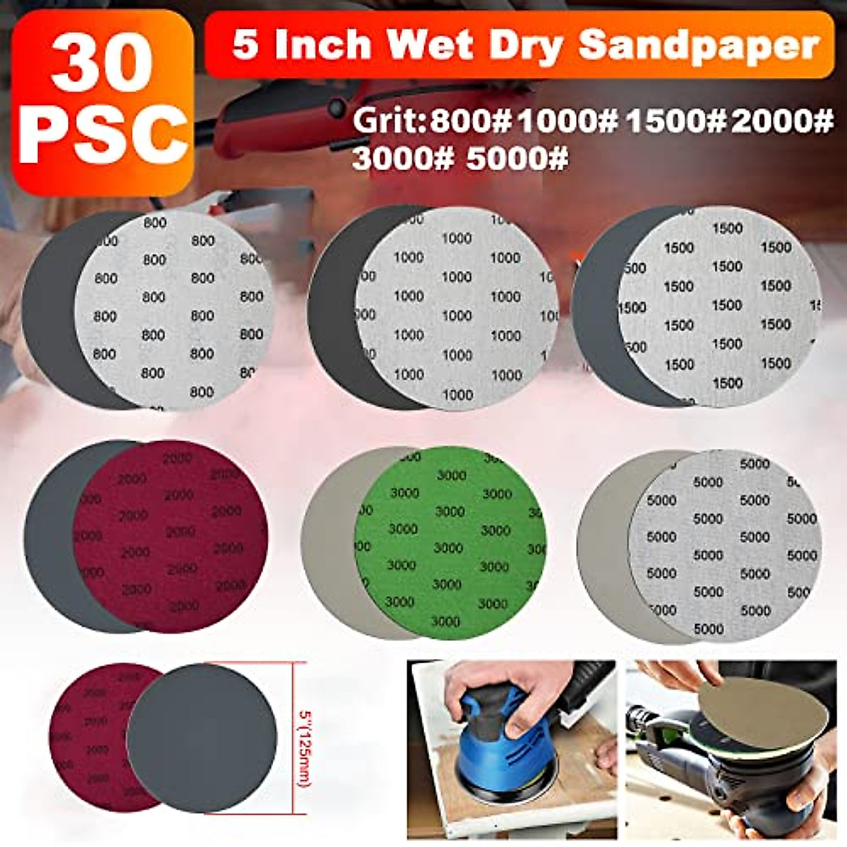 DAKLM 5 Inch Wet Dry Sandpaper, 30 PCS Assorted Grit Sanding Disc (800/1000/1500/2000/3000/5000) Premium Silicon Carbide Hook and Loop Sandpaper for Wood Metal Polishing and Sanding