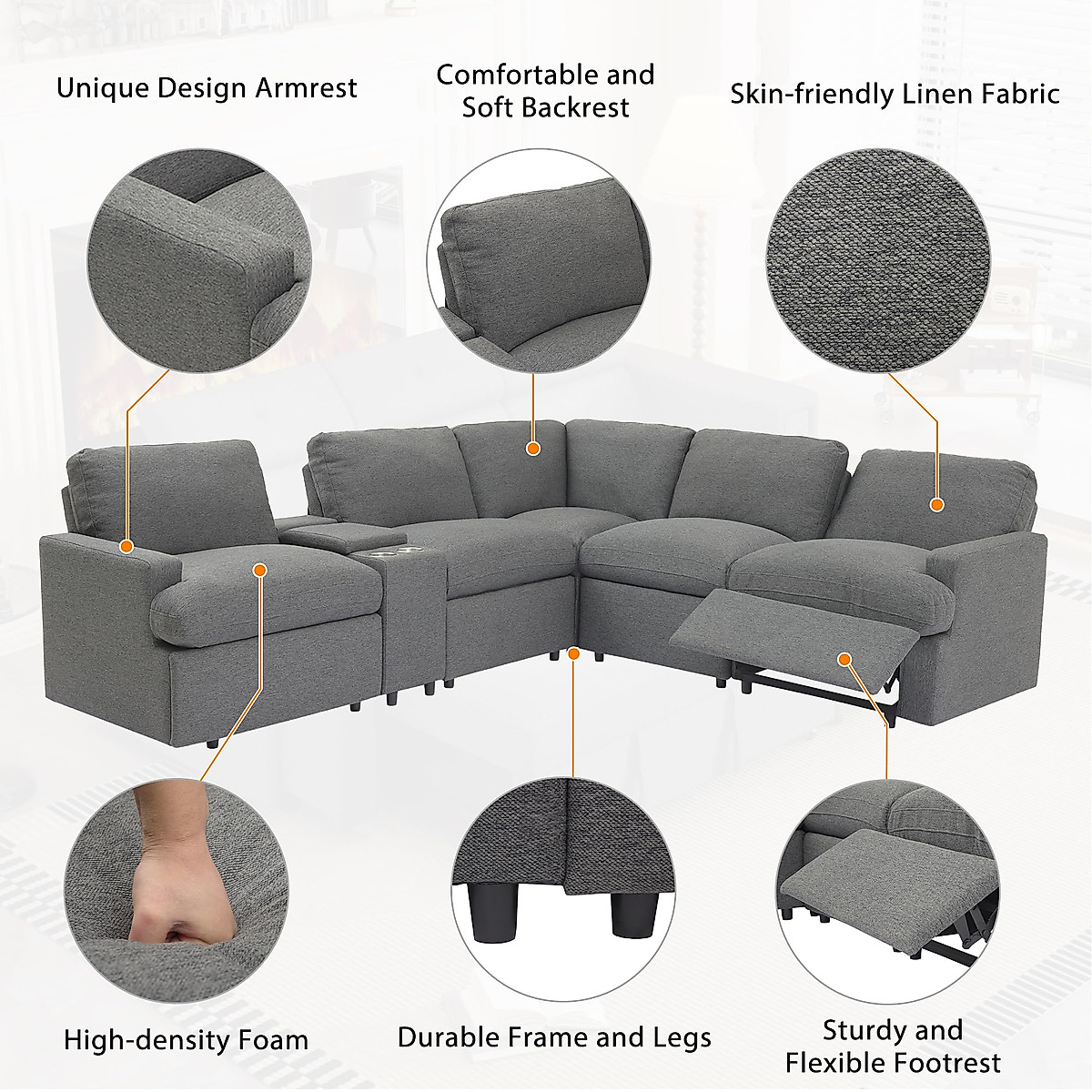 Bellemave Power Recliner Corner Sofa L-Shape Sectional Sofa Home Theater Reclining Sofa Modern 5-Seater Couch with Storage Box, Cup Holders, USB Ports and Power Socket for Living Room (Dark Grey)