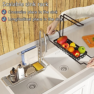 Hvanam Stainless Steel Kitchen Sink Rack Telescopic Organizer Holder Expandable Countertop Accessories Drain Caddy Tray for Kitchen or Bathroom Towel Soap Sponge Brush Storage(Black)