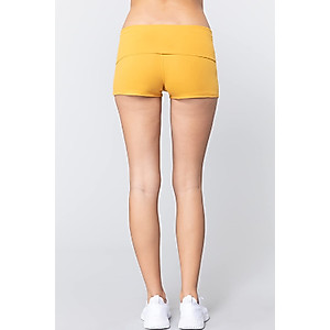 Khanomak Women's Fold Over Stretchy Sports Running Yoga Gym High Waist Cotton Shorts Ochre Mustard Small