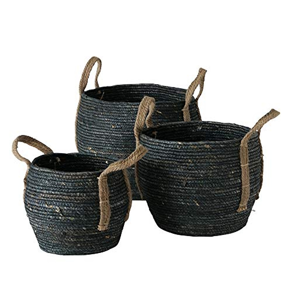 Rustic Black 3 Piece Basket Set, Floor and Shelf Organizers, Corn Husk Wicker, Durable, Coiled Rope Weave, Handles, Stitched, Reinforced, Rustic Home Decor, Round, 13.75, 11, 9 Diameter Inches