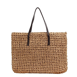 Straw Beach Bag with Zipper Large Woven Summer Boho Tote Handbag Rattan Wicker Purse for Shopping Summer Vacation (R)