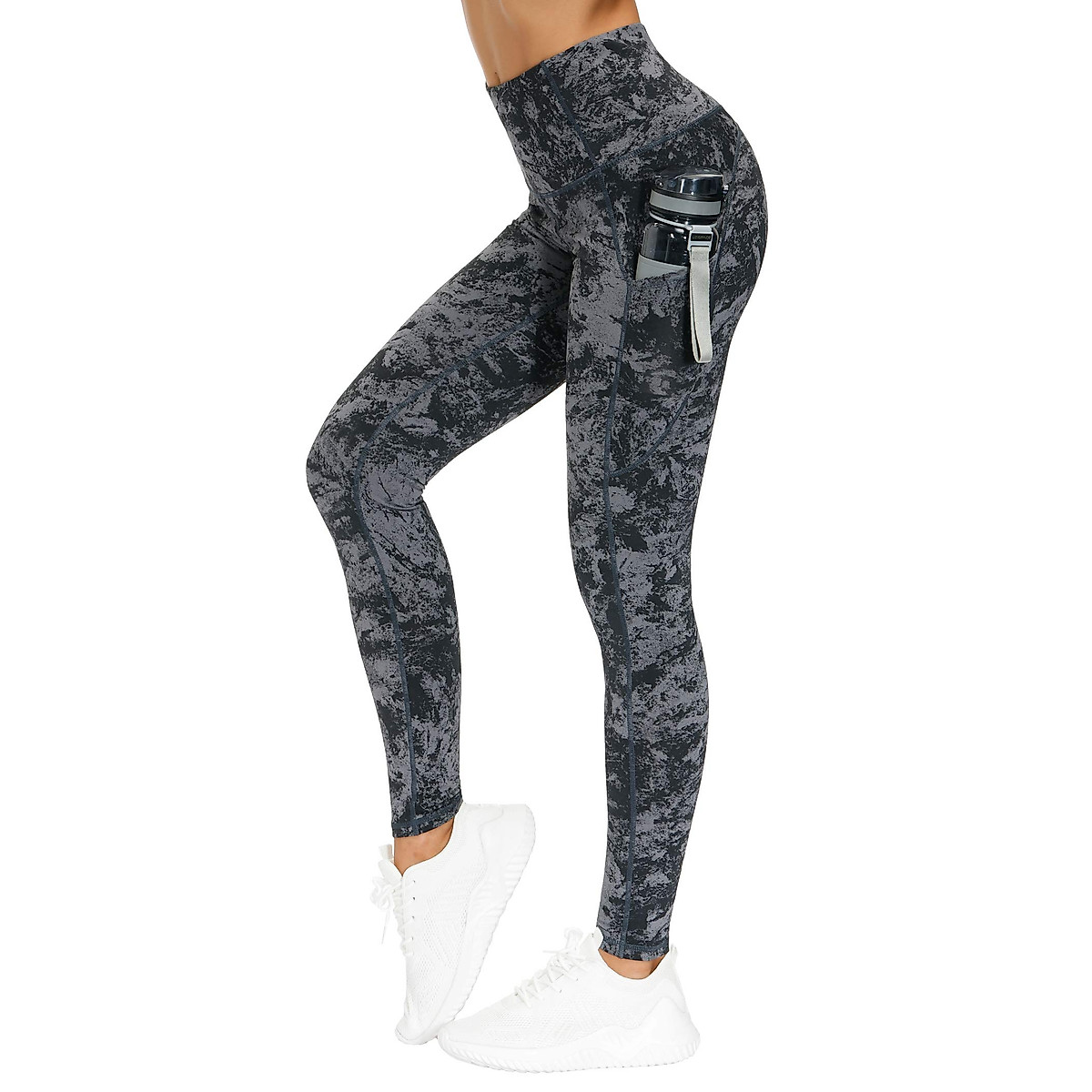 THE GYM PEOPLE Thick High Waist Yoga Pants with Pockets, Tummy Control Workout Running Yoga Leggings for Women (Medium, Gray-Marble)