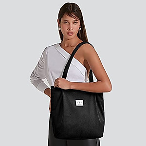 KALIDI Corduroy Tote Bag Women Tote Handbags Zipper Large Shoulder Bags Hobo Shopping Bag with Pockets Black