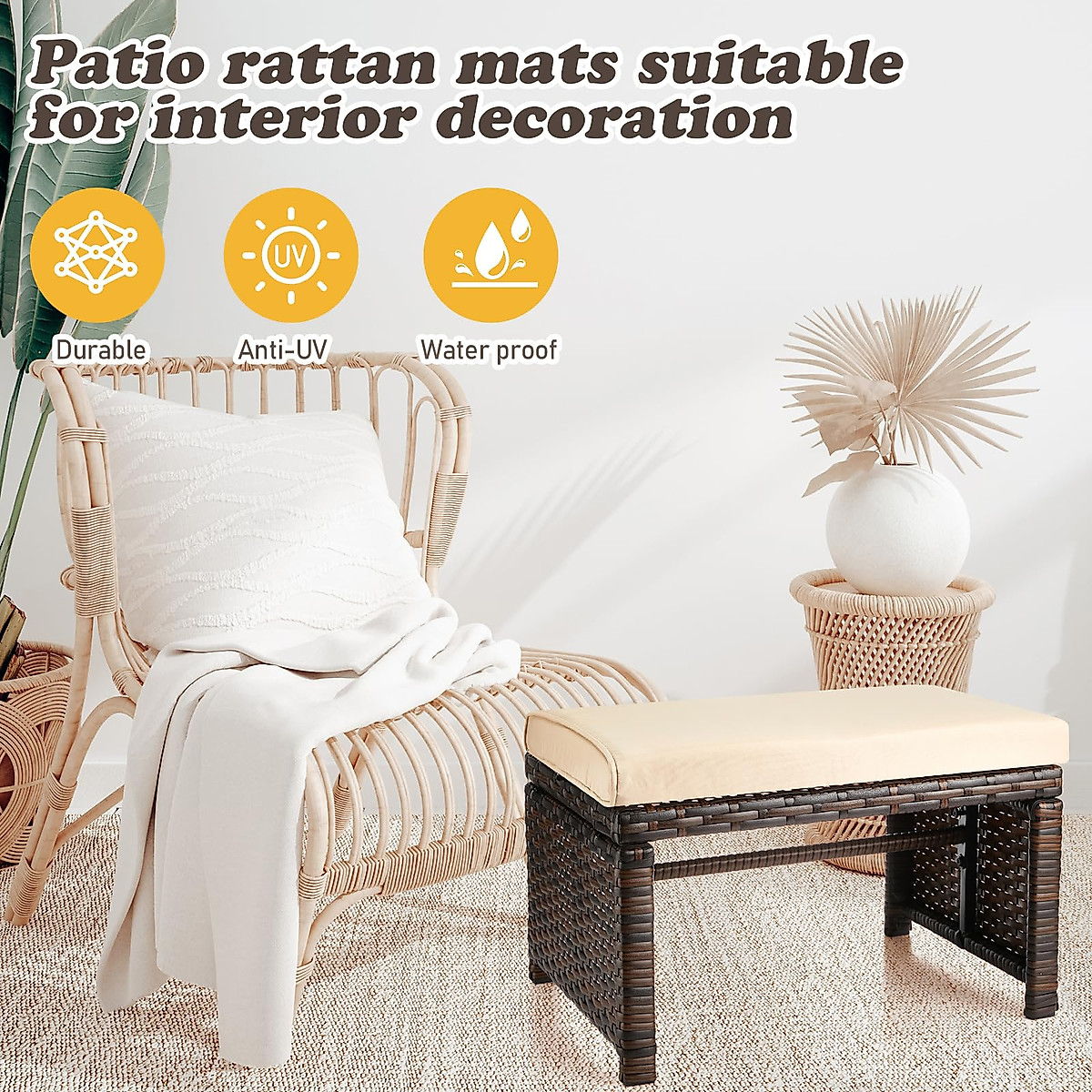 2 Pcs Patio Rattan Ottomans Outdoor Wicker Ottomans Patio Footstool Footrest with Removable Cushion Soft Zippered Cushions Function Footstool Seat Table for Backyard Balcony Poolside(Beige, Brown)