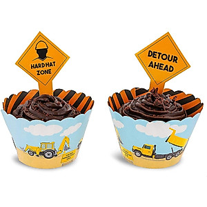 Juvale 100-Piece Construction Zone Cupcake Toppers and Wrapper Liners for Kids Birthday Party Supplies