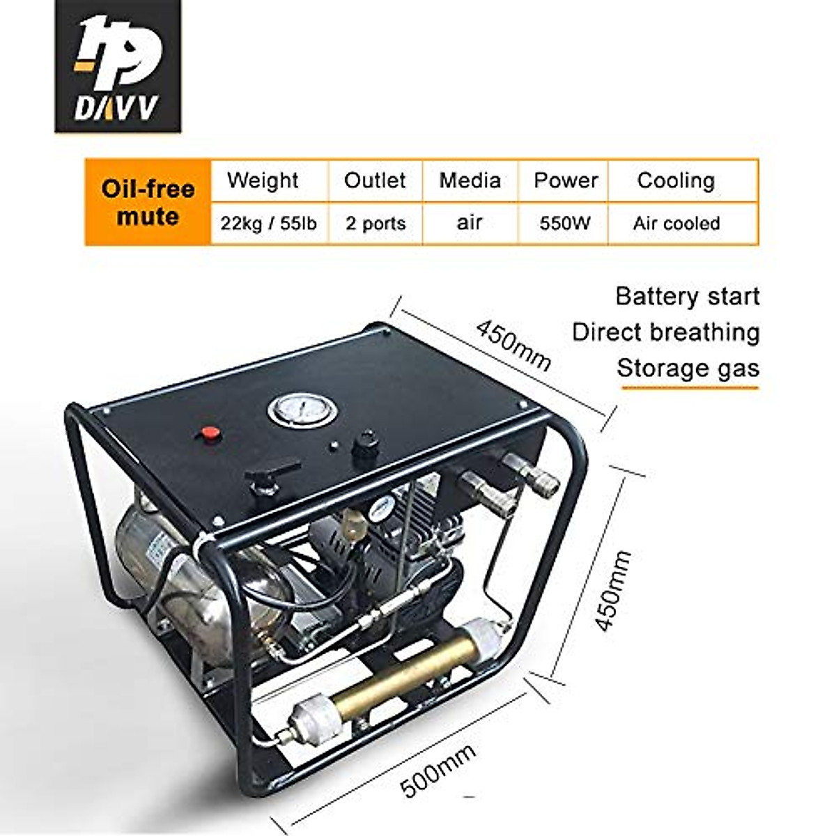HPDAVV 12V 550W Air Compressor for Snorkeling Hookah Diving Compressor 8bar / 115psi with 50ft Hose & Respirator,Two Air Outlets,US After-Sales Service,Operational Video (A:Black)