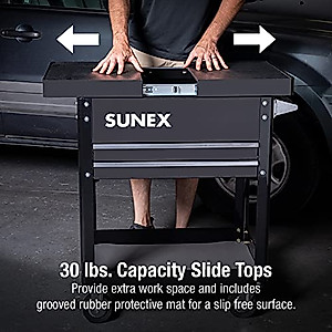 Sunex 8035 Black Compact Slide Utility Cart, Locking Slide Top, Swivel/Locking Casters, 18 Gauge Steel, Latching Drawers, 450-Pound Capacity