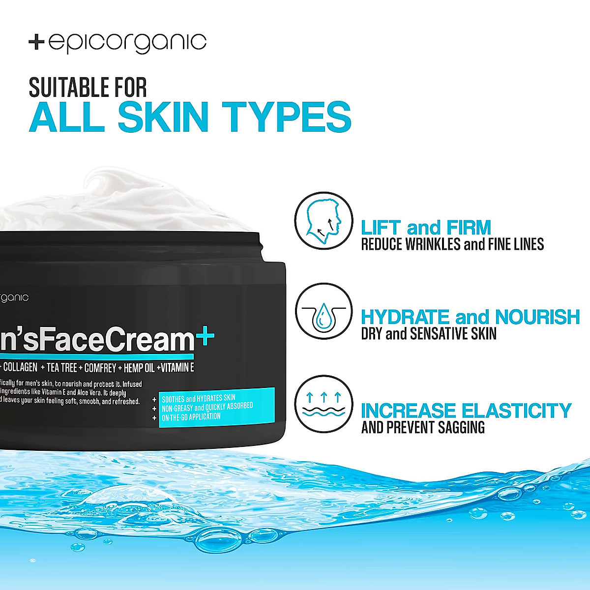Epic Organicum Mens Face Cream | Anti Aging & Hydrating Face Moisturizer | Hyaluronic Acid, Collagen & Vitamin E Cream | Men's Skin Care | Moisturizer Face Cream | 8oz