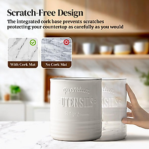 DOWAN Kitchen Utensil Holder, 7.2″ Extra-Large Ceramic Stable Utensil Caddy, Rustic Cooking Utensil Crock for Farmhouse Kitchen Décor with Countertop-Protection Cork Bottom, Counter Utensil Organizer