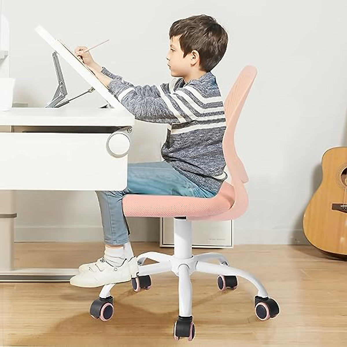 FurnitureR Desk Chair Small Study Chairs Armless for Child Kids Teens, Swivel Rolling Lightweight Task Chair with Wheels and Mesh Padded Cushion, Orange Rose