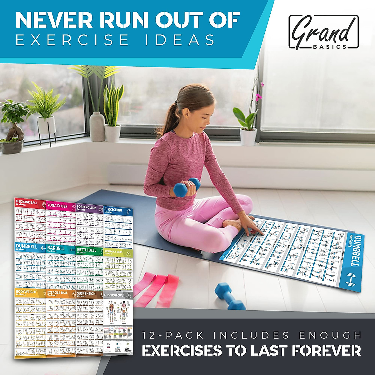 [12-PACK] Laminated Large Workout Poster Set - Perfect Workout Posters for Home Gym - Exercise Charts Incl. Dumbbell, Yoga Poses, Resistance Band, Kettlebell, Stretching & More Fitness Gym Posters