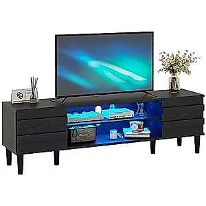 IRONCK TV Stand for 75 inch TV, Mid Century Modern TV Stand with Charging Station and LED Light, TV Console Table, Entertainment Center with Storage for Living Room, Bedroom (68”, Black)