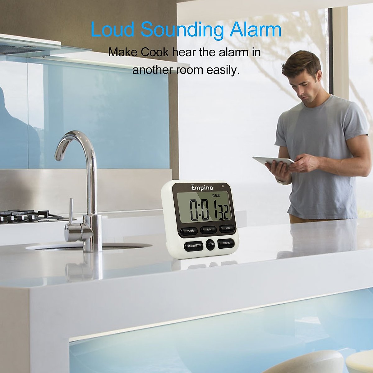 Digital Kitchen Timer - Empino Upgraded 24-Hours Cooking Timer Clock Countdown Multifunction with Big Digits, Loud Alarm, Magnetic Backing Stand, and Memory for Cooking Baking Exercise, White