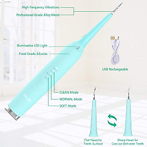 Electric Dental Calculus Remover, Sonic Tooth Scraper Plaque Tartar Stain Remover for Teeth High Frequency Vibration Teeth Cleaning Tools Kit with LED USB Rechargeable 3 Modes 2 Cleaning Heads (Blue)