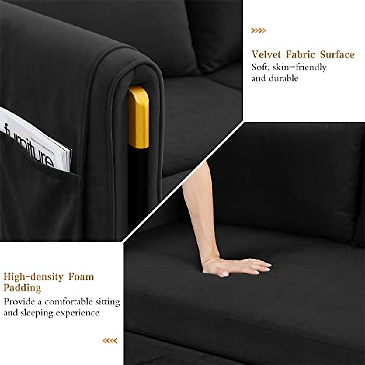 KIVENJAJA Convertible Sleeper Sofa Bed, Modern Velvet Loveseat Couch with Pull Out Bed, Small Love Seat Futon Sofa Bed with Headboard, 2 Pillows & Side Pockets for Living Room, 54” (Black)