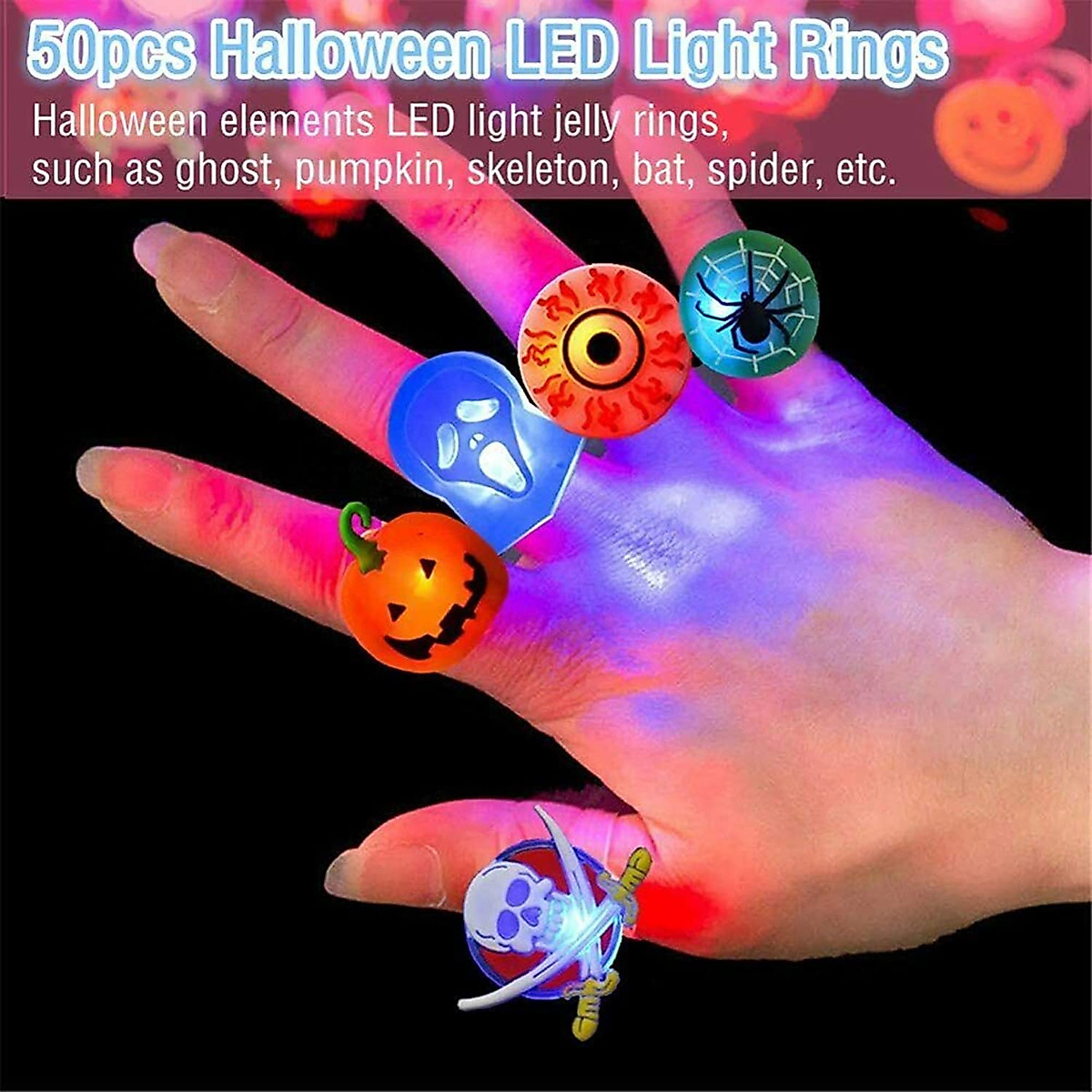 Halloween Light Up Rings 50Pcs Halloween Party Favors Light Up Toys luminous Flash Finger LED Rings Blinking Jelly Rubber Rings for Kids Adults