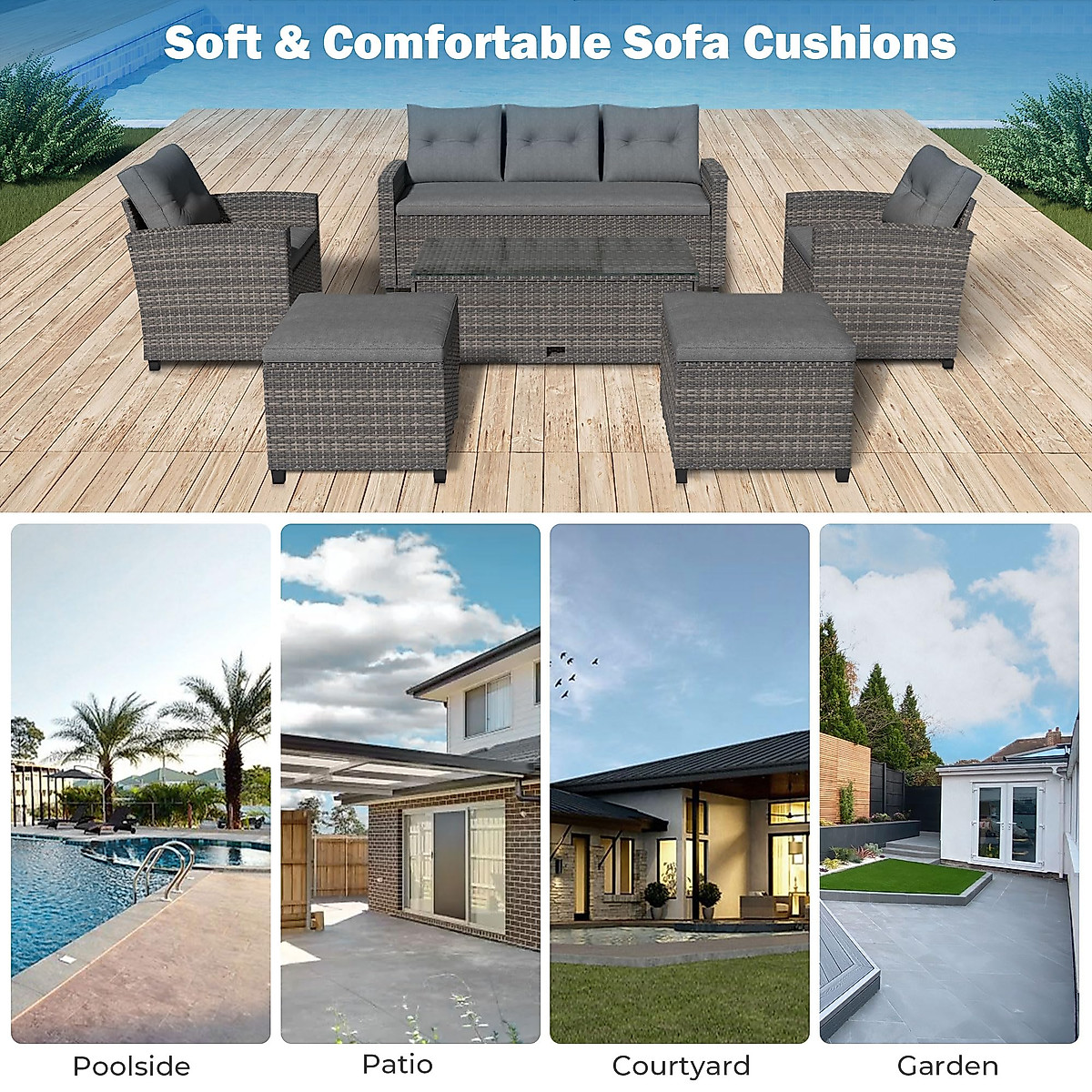 Clihome 6pcs Patio Sofa Set Outdoor PE Rattan Sectional Set with Cushions Lounge Chaise and Coffee Table Wicker Patio Furniture for Patio Backyard Garden Poolside