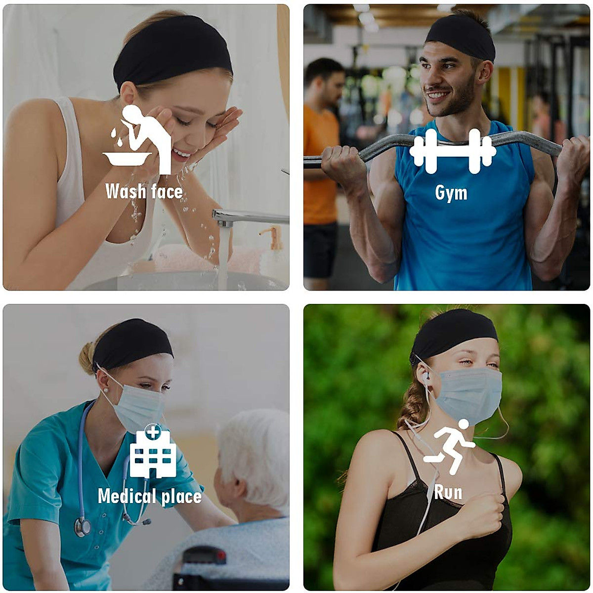 SUNLAND Headband with Buttons for Face Masks and Covers Unisex Elastic Hair Band for Ears Protection Bandannas for Head Wraps 3 Pack Black