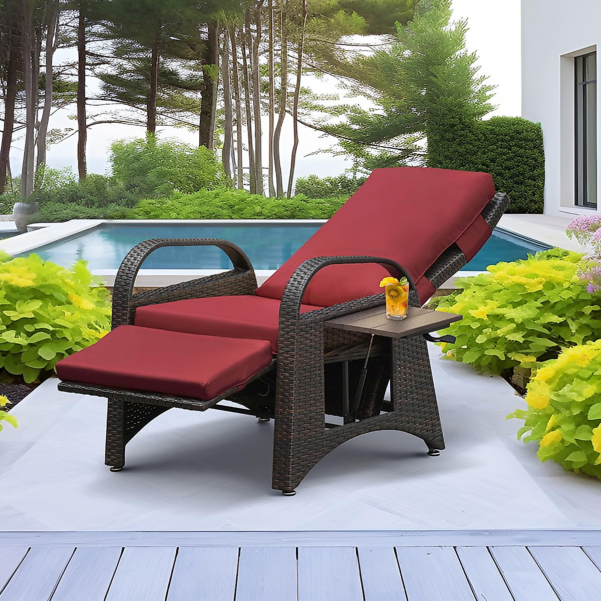 Skypatio Indoor/Outdoor Wicker Recliner Chair, Independently Adjustable Backrest and Footrest Patio Recliner Lounge Chair with Flip Side Table(Red)