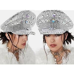 UTOWO Glitter Sequin Bride Hat Bachelorette Hen Party Captain Caps Rhinestone Hen Do Hat Steampunk Military Hat for Women (as1, alpha, one_size, Standard, Silver)