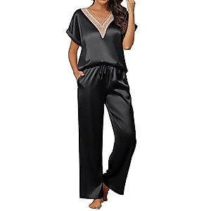 Ekouaer Womens Satin Pajama Set Guipure V Neck Tops and Long Pants Louge Set Short Sleeve Silk Sleepwear with Pockets Black