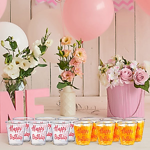 Lallisa 100 Pcs Happy Birthday Plastic Disposable Shot Cups 2 oz Birthday Shot Glass Drinking Tasting Serving Snacks Samples Cups forParty Favors Happy Wedding Supplies(Pink)