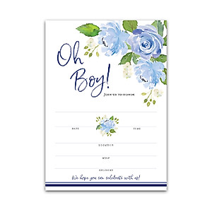 OH BOY! — Floral BABY SHOWER INVITATIONS— Pack of 25 — Garden Baby Shower Blank Fill-in INVITES, Flowers, Chic, Unique, Garden Invites, BLUE Baby BOY Sprinkle Invites, DIY Invites BLUE SKU I705-INV1