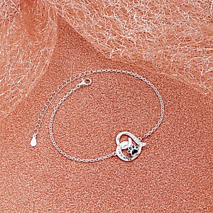 FLYOW 925 Sterling Silver Engraved Always In My Heart Cat Puppy Dog Paw Print Heart Bracelet Jewelry for Women Friends Pet Lover, 7 inch