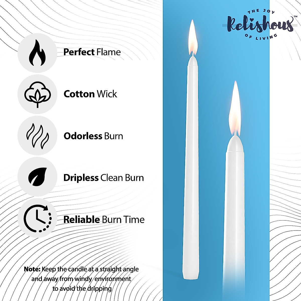 Relishous 24 Pack Tall White Taper Candles, 10 inch (H) Dripless, Unscented Dinner Candle, Smokeless Taper Candles, Paraffin Wax with Cotton Wicks, 8 Hours Burn Time