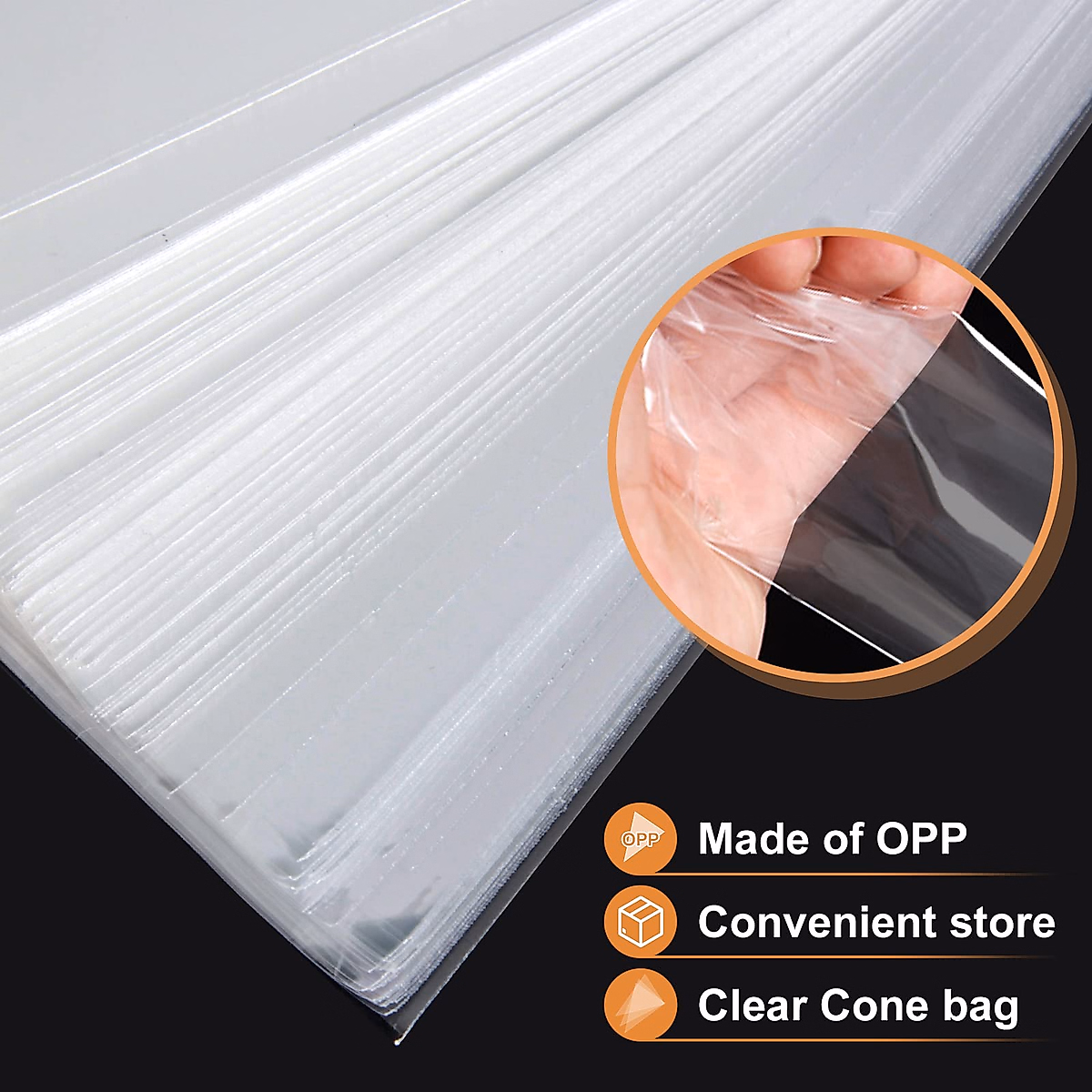 SBYURE 200 Pcs Clear Cone Shaped Treat Bags Cellophane Triangle Candy Bags with 200 Twist Ties for Favor Candy Popcorn Handmade Cookies Sweets Crafts,15'' x7''