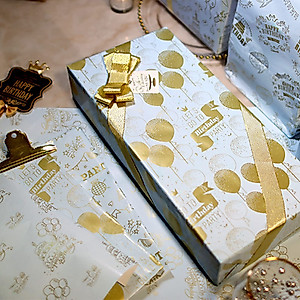 LeZakaa Birthday Wrapping Paper Sheet - Blue Color with Gold Foil - Birthday Party/Cake/Banner/Gift Box for Gift Wrap - 27.5" x 19.6" x 8 Sheets