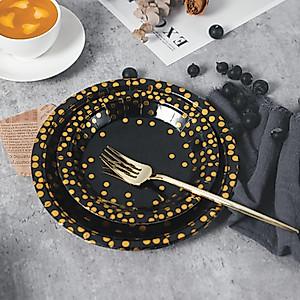 Lullaby 120PCS Black Paper Plates, Black and Gold Paper Plates, 60pcs Dinner Plates 9"，60pcs Dessert Plates 7", Disposable Graduation Plates with Golden Dot for Birthday party, Halloween