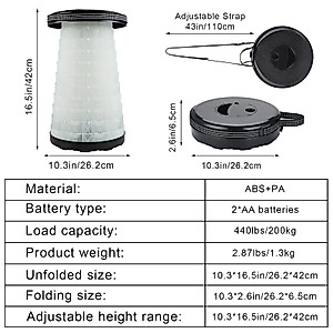 Retractable Folding Stool Portable Stool Collapsible Stool with LED Light 1 Second Open More Sturdy Telescoping Stool Load Capacity 400lbs for Outdoor Fishing Camping Hiking Travelling (Black)