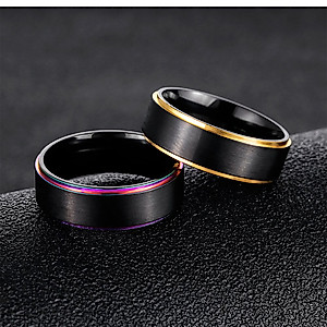 MZZJ Partners in Crime Couple Ring 8MM&6MM Black Brushed 2 Tone Stainless Steel Rainbow Step Edge Wedding Band Engagement Matching Ring for Him Her,Valentine's Day Anniversary Birthday Gift