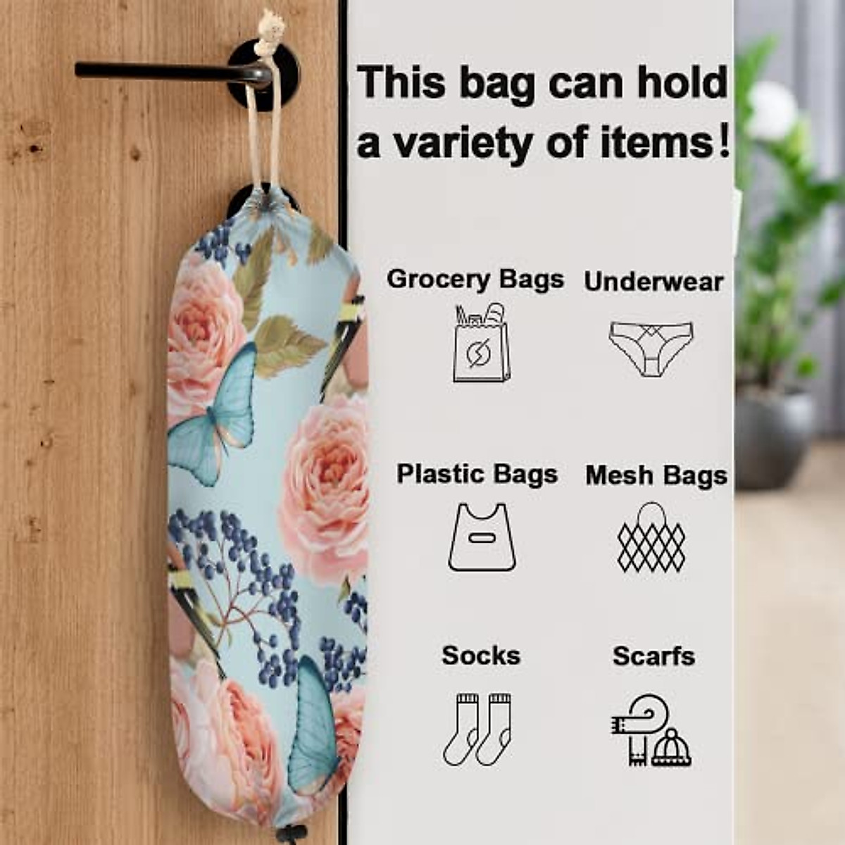 Flowers Large Grocery Bag Holder, Plants Butterfly Bird Plastic Bag Organizer with Hanging Loop Washable Grocery Bag Storage Dispenser for Home Kitchen Office Travelling Pantry Decor